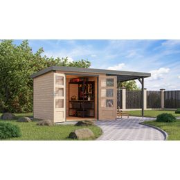 Gartenhaus Karibu, beige, Holz, Stahl, Gartenh&auml;user, ""Jupiter 3,5 A" SET naturbelassen, mit Anbaudach 2,35 m breit", hochwertige Materialien:
