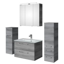 Badm&ouml;bel-Set SAPHIR, grau, Kastenm&ouml;bel-Sets, "Badm&ouml;bel-Set Trentino 4-teilig Glas-Waschtisch mit LED-Spiegelschrank", Badezimmer-Set mit Midischrank