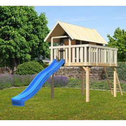 Akubi Kinder Spielturm "Fidel", grau, Holzwerkstoff, B:198cm H:329,5cm T:243cm, Spieltürme, BxTxH: 198x243x330 cm, mit Rutsche in blau