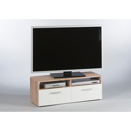 TV-Schrank Stolkom, B:95cm H:36cm T:35cm, wei&szlig;, Spanplatte, Wohnzimmer, Schr&auml;nke, "Rana", 2 offenen F&auml;chern und 2 Klappen, TV bis 42 zoll geeignet