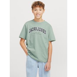 Jack & Jones Jungen Rundhalsshirt "JJECALEB VARSITY TEE SS O-NECK NOOS JNR", gr&uuml;n, Gr. 128, JACK & JONES JUNIOR, bedruckt, Single Jersey, Obermaterial: 100%