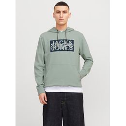 Jack & Jones JACK & JONES Herren Kapuzensweatshirt "JJCOLTON &ndash; Sweater mit Print, Regular Fit und Materialmix", gr&uuml;n, Gr. S, bedruckt, angeraute Sweatware,