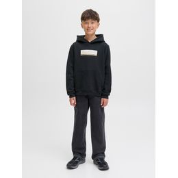 Jack & Jones Kinder Kapuzensweatshirt "JORINWOOD BLOCK BRANDING SWEAT NOOS JNR", schwarz, Gr. 128, JACK & JONES JUNIOR, bedruckt, angeraute Sweatware,