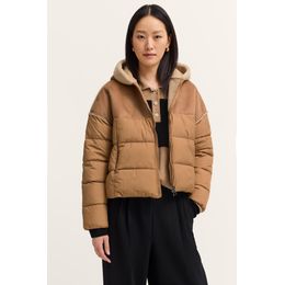 Bugatti Damen Kurzjacke "Regular Fit", beige, Gr. 42, unifarben, 100% Polyester, Jacken, mit Kapuze und Kunstfell