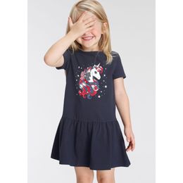 Kidsworld M&auml;dchen Jerseykleid "mit Einhorn", blau, Gr. 116, bedruckt, Jersey, Obermaterial: 95% Baumwolle, 5% Elasthan, Kleider, aus Baumwolle und