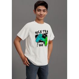 Kidsworld Jungen T-Shirt "Gamer-Druck: NICE TRY", weiß, Gr. 128, bedruckt, Single Jersey, Obermaterial: 100% Baumwolle, Shirts, cooler Gamer-Print