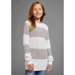 Kidsworld M&auml;dchen Strickpullover "Streifenpullover mit breitem Muster", grau, Gr. 140, gestreift, Strick, Obermaterial: 50% Baumwolle, 50% Polyacryl,