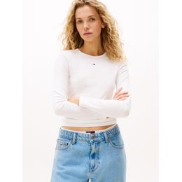 Tommy Jeans Damen Langarmshirt "TJW SLIM ESSENTIAL RIB LS", beige, Gr. S, unifarben, Rippware, Obermaterial: 95% Baumwolle, 5% Elasthan, Shirts, mit