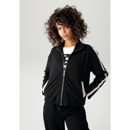 Aniston CASUAL Damen Kurzjacke, schwarz-wei&szlig;, Gr. 46, unifarben mit Farbeinsatz, Jersey, Obermaterial: 95% Polyester, 5% Elasthan, Jacken, mit Tapes