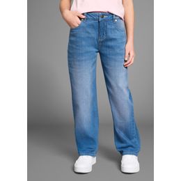 Kidsworld M&auml;dchen Loose-fit-Jeans "M&auml;dchenjeans in weiter Form", blau, Gr. 164, bestickt, Denim/Jeans, Obermaterial: 98% Baumwolle, 2% Elasthan,