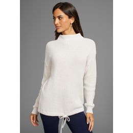 DELMAO Damen Stehkragenpullover, wei&szlig;, Basic, Gr. 40, unifarben, Grobstrick, Obermaterial: 50% Baumwolle, 50% Polyacryl, Pullover, mit verstellbarem
