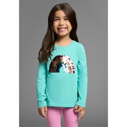 Kidsworld Mädchen Langarmshirt "Regenbogen Pailletten-Applikation", blau, Gr. 92, bedruckt, Jersey, Obermaterial: 100% Baumwolle, Shirts, Langarm,