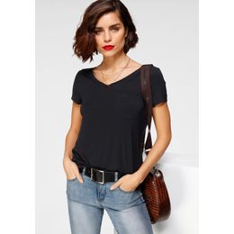 Tamaris Damen T-Shirt, schwarz, Basic, Gr. 48, Jersey, Obermaterial: 95% Viskose, 5% Elasthan, Shirts, l&auml;ssige Passform, aus elastischem Jersey