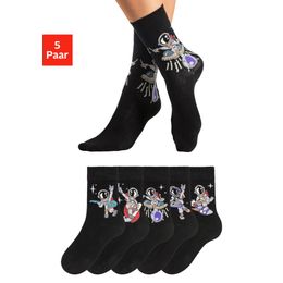 H.I.S. H.I.S Damen Socken, Gr. 27, schwarz, Baumwollmischung, gemustert, Socken, mit Astronaut-Motiven