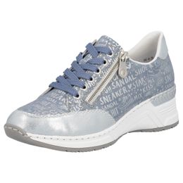 Rieker Damen Sneaker, Gr. 38, blau, Lederimitat, metallic, Schuhe, mit Lettern bedruckt, Freizeitschuh, Halbschuh, Schn&uuml;rschuh