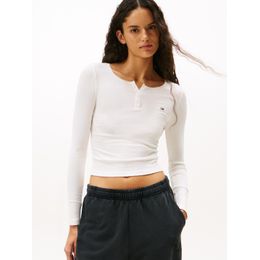 Tommy Jeans Damen Langarmshirt "TJW SLIM SH IRREGULAR RIB LS", beige, Gr. XS, unifarben, Single Jersey, Obermaterial: 95% Baumwolle, 5% Elasthan,