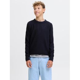 Jack & Jones Jungen Rundhalspullover "JJROY KNIT CREW NECK AW25 JNR", blau, Gr. 140, JACK & JONES JUNIOR, unifarben, Strick, Obermaterial: 100% Polyacryl, Pullover