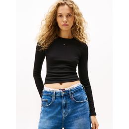 Tommy Jeans Damen Langarmshirt "TJW SLIM ESSENTIAL RIB LS", schwarz, Gr. XL, unifarben, Rippware, Obermaterial: 95% Baumwolle, 5% Elasthan, Shirts,