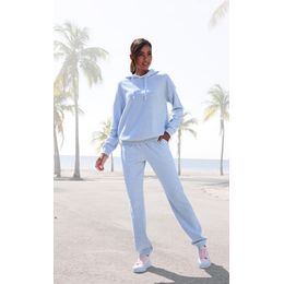 Vivance Damen Sweatpants, Gr. 40, blau, Frottee, Obermaterial: 63% Polyester, 37% Baumwolle, meliert, Hosen, Kleine Stickerei