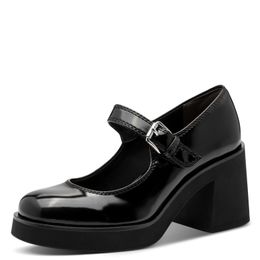 Tamaris Damen Spangenpumps, Gr. 39, schwarz, Lacklederimitat, glänzend, unifarben, Schuhe, Blockabsatz, Partyschuh, Pumps in veganer Verarbeitung