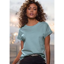 Lascana Damen Kurzarmshirt "mit glitzernem Strass-Design am Arm", blau, Gr. 32, unifarben, Single Jersey, Obermaterial: 100% Baumwolle, Shirts, aus