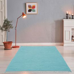 Teppich Theko, B:160cm H:5mm L:230cm, blau, Baumwolle, Wohnzimmer, Teppiche, "Happy Cotton Fleckerl, handgewebt", Flachgewebe, reine Baumwolle,