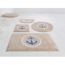 Badematte Grund, H:20mm, beige, Kunstfaser, Badematten, "Port Louis", Design mit Anker, maritim, Made in Europe
