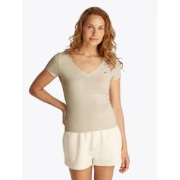 Tommy Jeans Damen Kurzarmshirt "TJW SLIM V-NECK TEE", beige, Gr. M, unifarben, Single Jersey, Obermaterial: 100% Baumwolle, Shirts, mit Logo-Stickerei