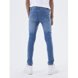 name it Jungen Stretch-Jeans "NKMSILAS für Jungen mit verstellbarem Bund und schlanker Form", blau, Gr. 110, Abriebeffekte, Denim/Jeans,