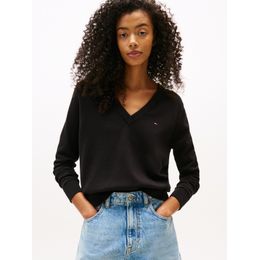 Tommy Jeans Damen V-Ausschnitt-Pullover "TJW ESSENTIAL VNECK SWEATER EXT", schwarz, Gr. XS, unifarben, Strick, Obermaterial: 100% Baumwolle,