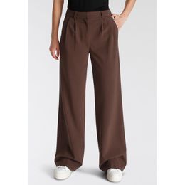 Tamaris Damen Anzughose, braun, Gr. 42, unifarben, Web, Obermaterial: 63% Polyester, 33% Viskose, 4% Elasthan, Hosen, mit weitem Bein