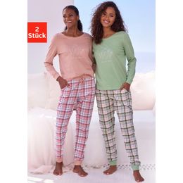 Vivance Dreams Damen Pyjama, Gr. 36, grün, Single Jersey, Obermaterial 2: 100% Baumwolle, kariert, Basic, Homewear-Sets, Elastische Rippbündchen