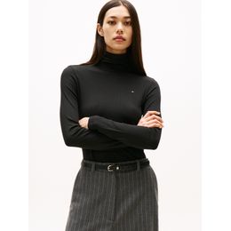Tommy Hilfiger Damen Langarmshirt "SLIM 5X2 RIB ROLL-NK LS", schwarz, Basic, Gr. M, unifarben, Rippware, Obermaterial: 95% Viskose, 5% Elasthan,
