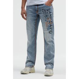 CAMP DAVID Herren Comfort-fit-Jeans, blau, Gr. 40, bedruckt, Material: 72% Baumwolle, 26% Polyester, 2% Elasthan, Zusatz: Enthält nichttextile Teile
