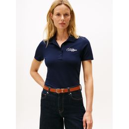 Tommy Hilfiger Damen Poloshirt "SCRIPT SLIM SS POLO", blau, Gr. XXL, unifarben, Single Jersey, Obermaterial: 96% Baumwolle, 4% Elasthan, Shirts