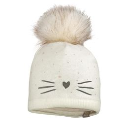 MaxiMo M&auml;dchen Beanie, wei&szlig;, Gr. 49, bestickt, Strick, Baumwolle, M&uuml;tzen, mit Bommel, mit Stickerei, zweifarbig, w&auml;rmend