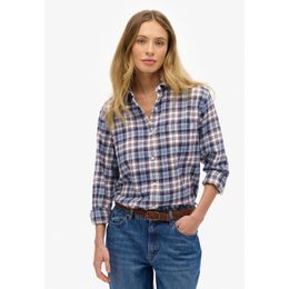 Superdry Damen Karobluse "CHECK FLANNEL BOYFRIEND SHIRT", blau, casual, Gr. L, kariert, Flanell, Obermaterial: 100% Baumwolle, Blusen