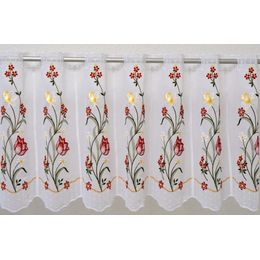 Scheibengardine, B:95cm H:40cm, wei&szlig;, Stickereien Plauen, Voile, Polyester, Wohnzimmer, Gardinen, "Tulpe", veredelt mit echter Plauener Spitze