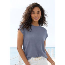 Vivance Damen Kurzarmshirt "aus b&uuml;gelfreiem Waffelstrick", blau, Gr. 32, leicht transparent, unifarben, Strick, Obermaterial: 64% Polyester, 34%