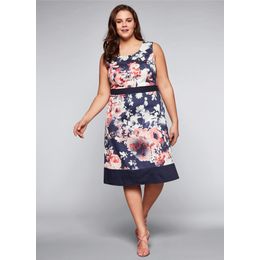 sheego Damen Cocktailkleid "Cocktailkleid", blau, Gr. 54, gebl&uuml;mt, gemustert, mehrfarbig, 97% Baumwolle, 3% Elasthan, Kleider