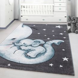Kinderteppich, B:80cm H:12mm L:150cm, blau, Ayyildiz Teppiche, Kunstfaser, Teppiche, "Kids 560", auch in rund, Elefanten Baby Sterne, Kurzflor