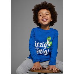 Kidsworld Jungen Langarmshirt "EINZIG NICHT ARTG", blau, Gr. 92, bedruckt, Jersey, Obermaterial: 100% Baumwolle, Shirts, Langarm, Basic-Passform,