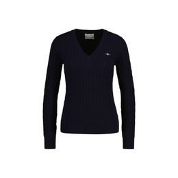 Gant Damen Sweater "Strickpullover STRETCH COTTON CABLE V-NECK", blau, Gr. XXL, Obermaterial: 88% Baumwolle CO. 10% Polyamid PA. 2% Elasthan EL.,