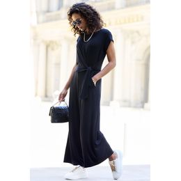 Lascana Damen Culotte-Overall, schwarz, Gr. 40, unifarben, Jersey, Obermaterial: 95% Viskose, 5% Elasthan, Overalls, mit Knotendetail in der Taille,