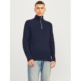 Jack & Jones JACK & JONES Herren Troyer "JJEPERFECT KNIT HALF ZIP SN", blau, Gr. M, unifarben, Strick, Obermaterial: 50% Baumwolle, 50% Polyester, Pullover