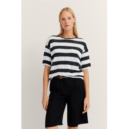 Bugatti Damen Rundhalspullover, schwarz, Gr. XL, gestreift, 59% Baumwolle, 41% Leinen, Pullover, aus leichtem Baumwolle-Leinen-Mix