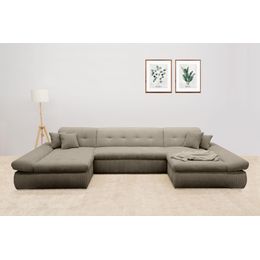 Wohnlandschaft DOMO collection "Moric wahlweise mit Bettfunktion und Armteilverstellung, XXL", braun (schlamm), B:386cm H:80cm T:172cm, 100% Polyester, Sofas, Wohnlandschaft, U-Form, beidseitig mit Recamiere, incl. Zierkissen, Cord-Bezug