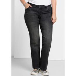 Bootcut-Jeans sheego, Damen, Gr. 21, Kurzgrößen, schwarz (schwarz denim), 75% Baumwolle, 24% Polyester, 1% Elasthan, unifarben, lang, Jeans