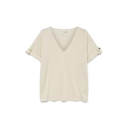 V&eacute;ro Moda Kurzarmshirt VERO MODA "VMBAILEY S/S V-NECK T-SHIRT JRS BTQ GA", Damen, Gr. L, wei&szlig; (snow wei&szlig; stripes:gold lurex, button), Jersey, Obermaterial: 75% Polyester, 20% metallisierte Fasern, 5% Elasthan, gestreift, Shirts