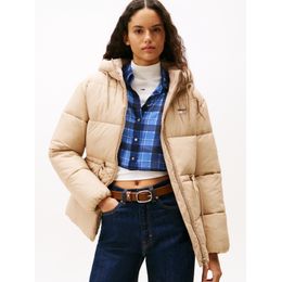 Steppjacke Tommy Jeans "TJW HOODED MIDI PUFFER JACKET", Damen, Gr. L (40), malted milk, Web, Obermaterial: 100% Nylon, unifarben, regular fit wadenlang, Jacken